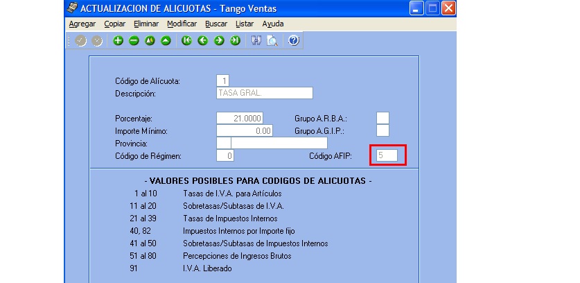 Cómo definir el código de AFIP para las alícuotas